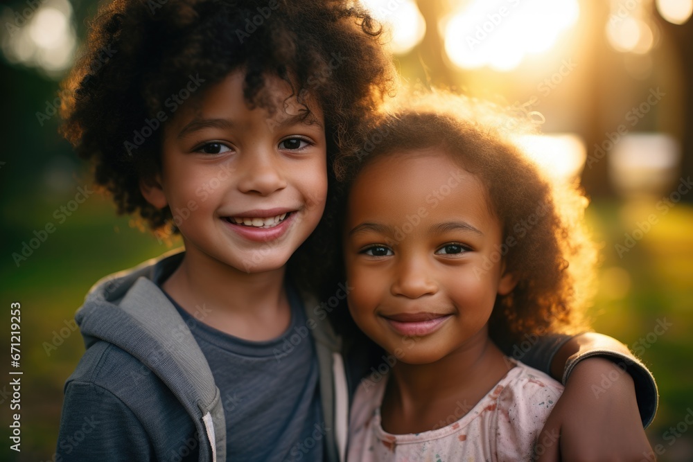 Two young siblings boy and girl, one with fair skin and the other with ...