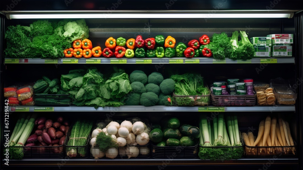 Healthy diet food in a grocery store. Variety of colorful vegetables ...