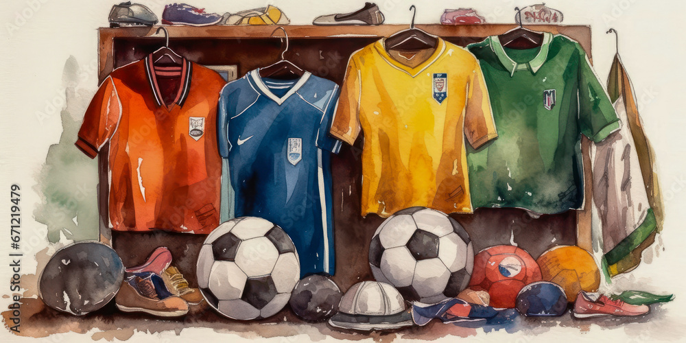 Watercolor drawing of equipment for playing soccer. Generative AI ...