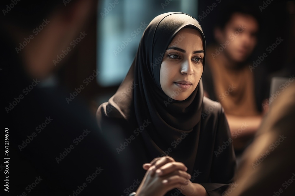 A Muslim businesswoman engaging in a brainstorming session with her ...