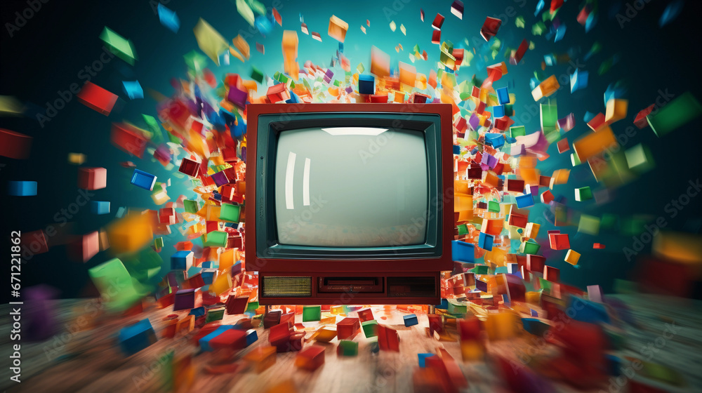 Vintage television set exploding into a cloud of pixels and color bars ...