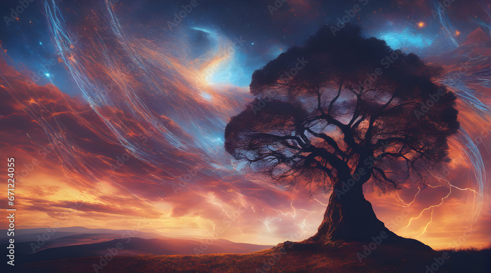 Storm, psychedelic tornado and lightning in the sky, tree in the ...