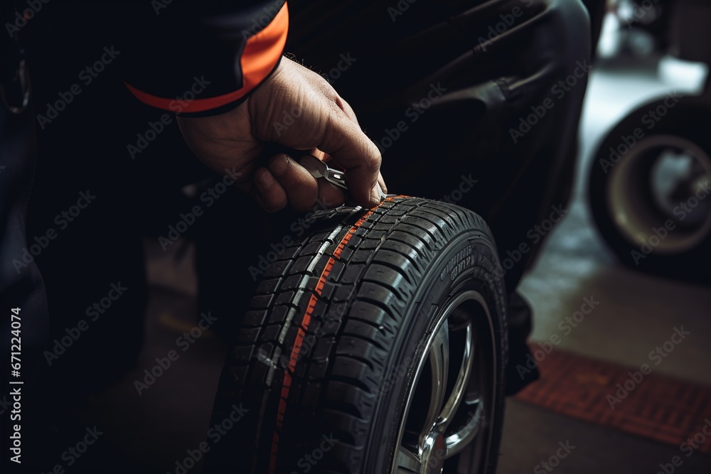 Mechanic checking tire tread depth using a tire gauge. Stock Photo ...