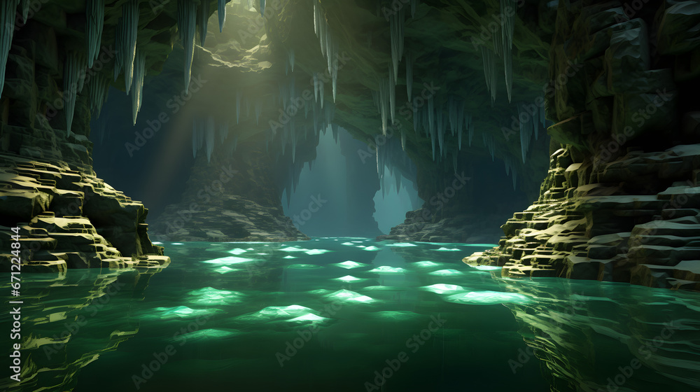 Subterranean river with waterfalls of liquid crystal, surreal ...