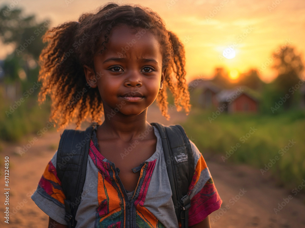 African girl looks helplessly at the sunset. A sad African child ...
