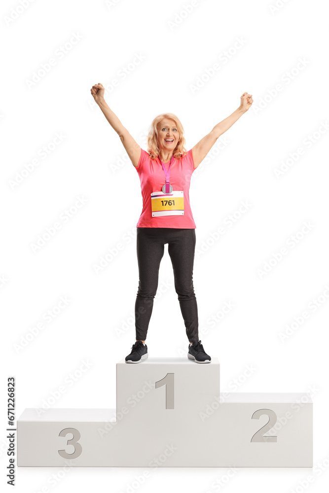 Poster Full length portrait of a female marathon winner standing on a ...