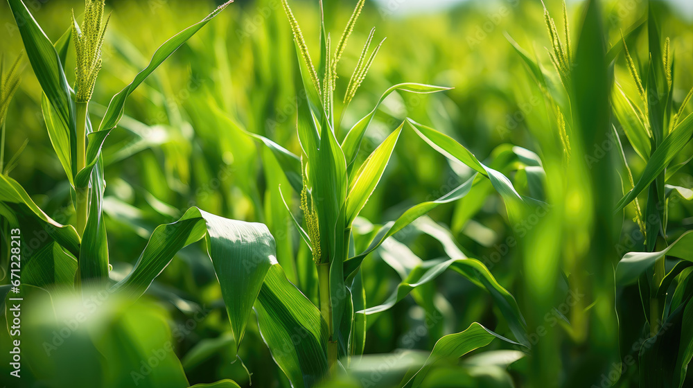 This close-up captures vibrant green biofuel crops like corn or ...