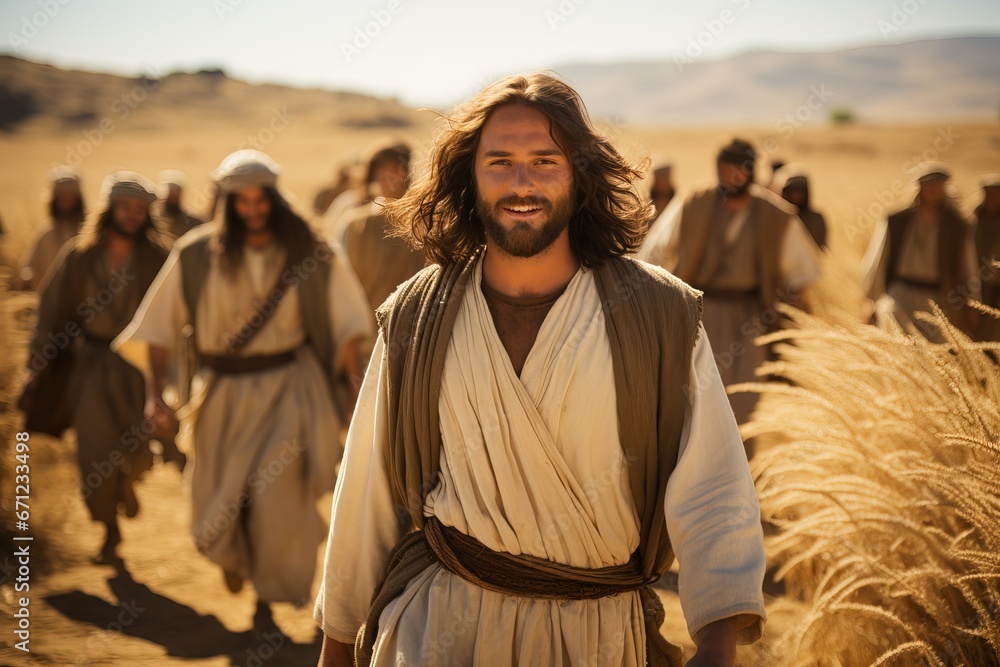 Jesus Christ and His disciples walk through a wheat field Stock ...
