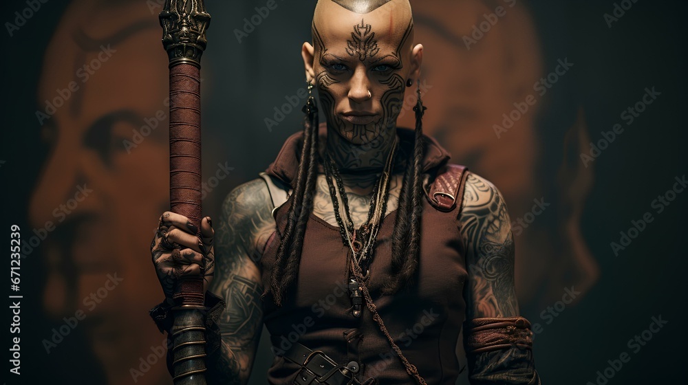 Full body tattooed muscular female monk with facial piercings, holding ...
