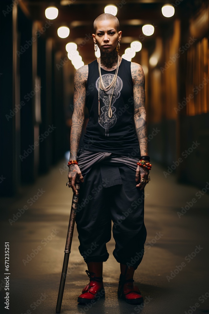 Full body tattooed muscular female monk with facial piercings, holding ...