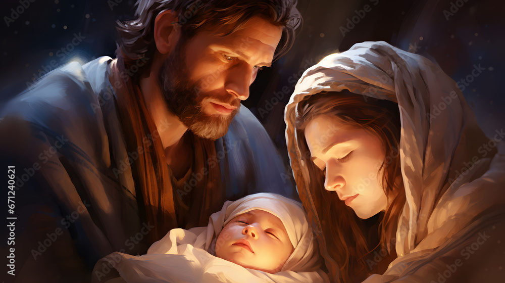 Portrait of Jesus and Mary with baby Jesus in the crib. Beautiful ...