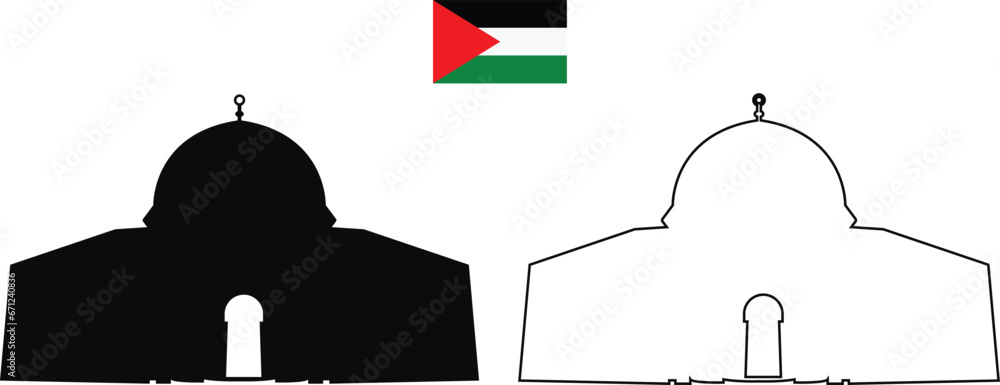 Al Aqsa Mosque, Palestine flag icon in flat, line set isolated on ...