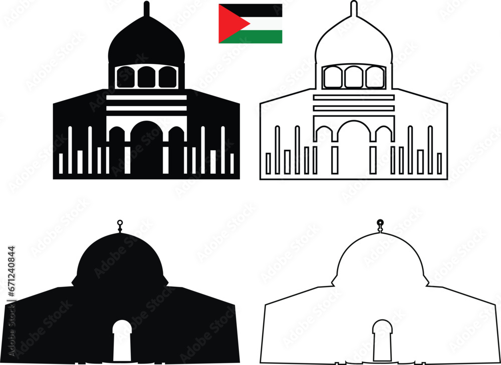 Al Aqsa Mosque, Palestine flag icon in flat, line set isolated on ...