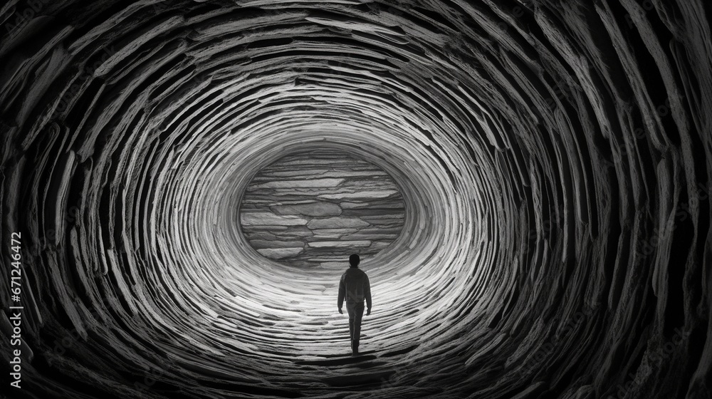 The lone silhouette of a man walking through a dark tunnel. A dead end ...