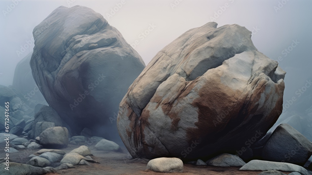 two large rocks sitting next to each other on top of a sandy ground ...