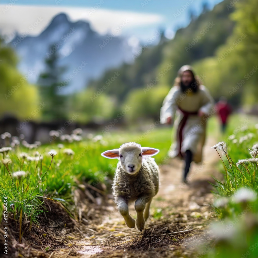 Jesus running after a lost sheep, religious concept Stock Illustration ...