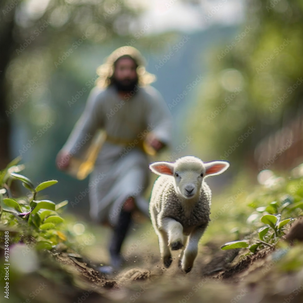 Jesus running after a lost sheep, religious concept Stock Illustration ...