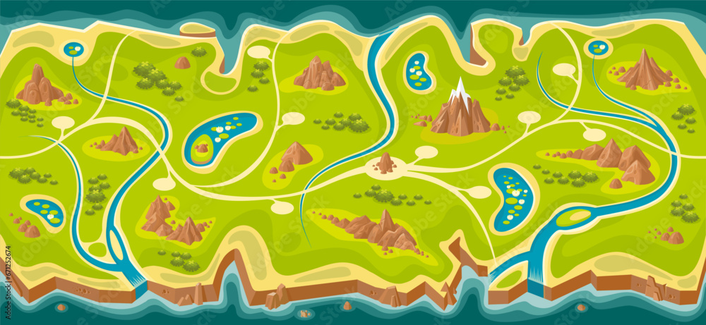 Game map for completing the route. Mountains, sea, rivers and lakes ...
