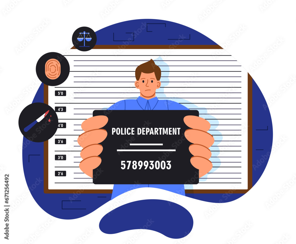 Mugshot of man concept. Young guy with table. Criminal in police ...