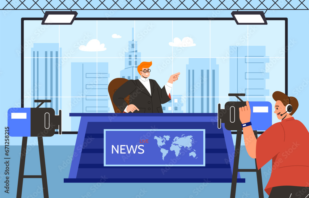 TV live news show concept. Anchor in studio with cameraman. Mass media ...