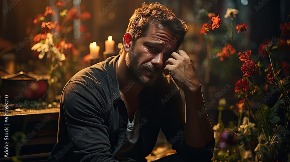 Unpleasant pain. Sad unhappy handsome man sitting on the sofa and ...