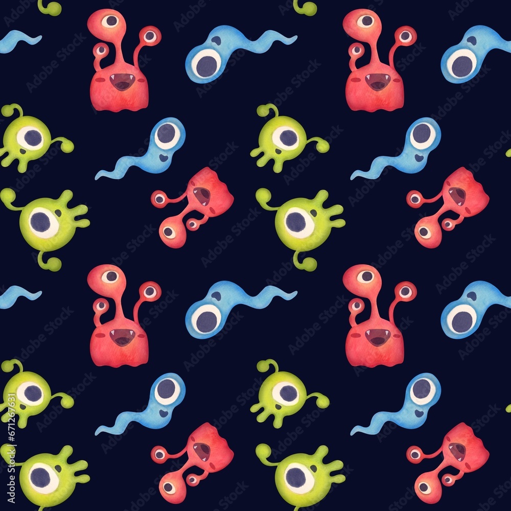 seamless pattern with watercolor baby character similar to alien ...
