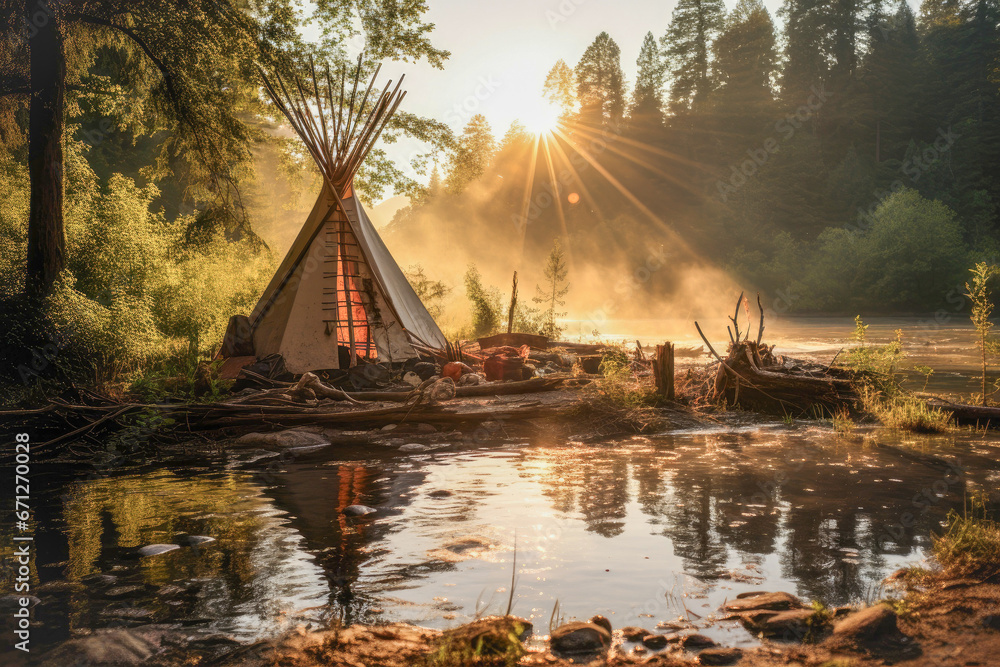 Native American wigwam encampment by the river in the Wild West ...