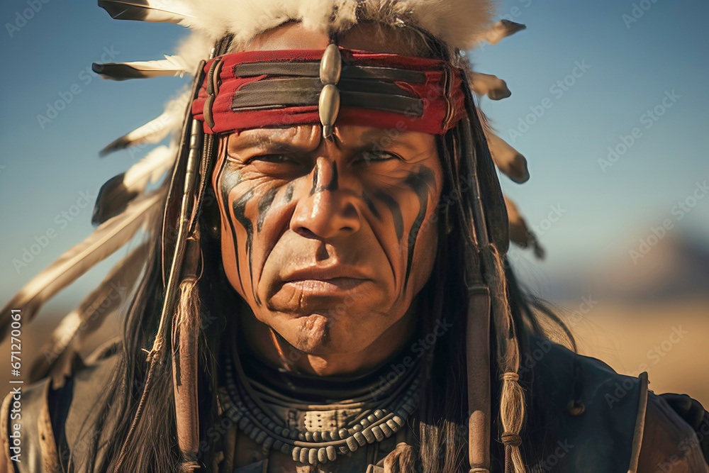 Portrait of a Native American warrior adorned with traditional war ...