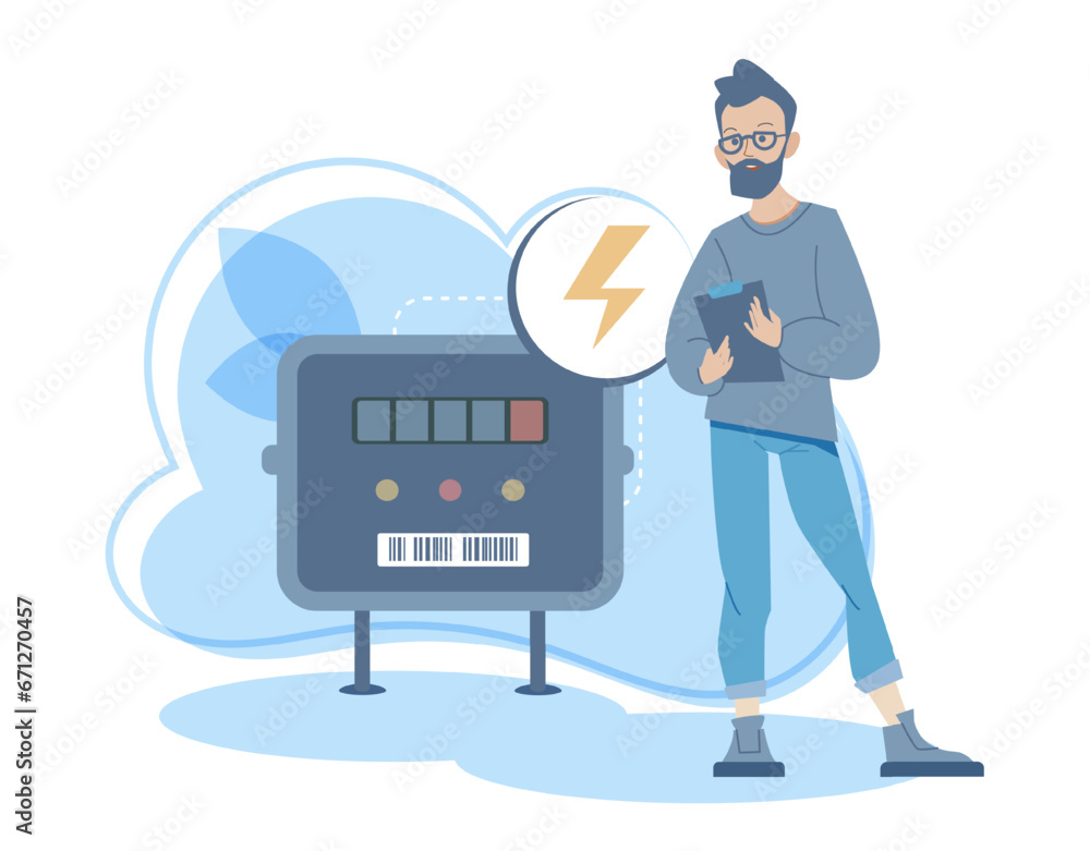 Sustainability and energy efficiency. Man calculates household utility ...