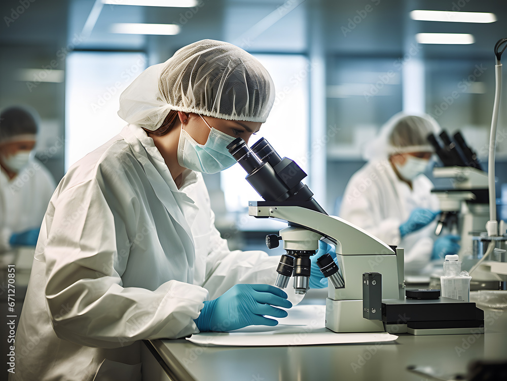 Researcher peering into a microscope in a state-of-the-art lab. Stock ...