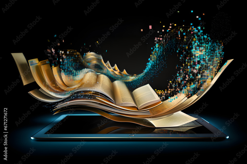 Books transforming into digital waves flowing into a tablet the digital ...