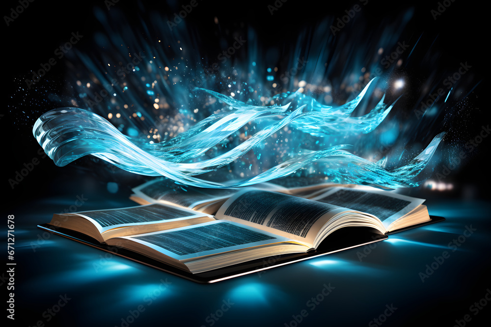 Books transforming into digital waves flowing into a tablet the digital ...
