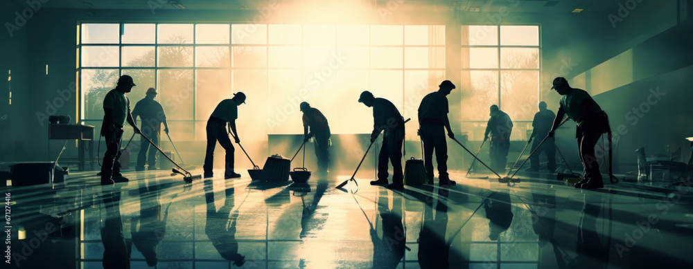 Cleanliness Concept: People cleaning a large room, symbolizing ...