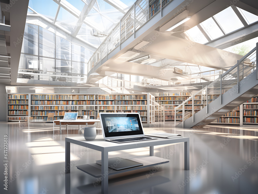 A modern library with books transforming into digital tablets the ...