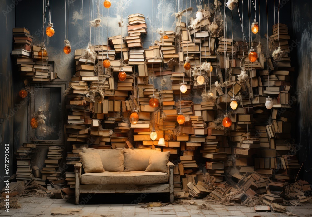 Step into an ethereal realm where old books hang suspended, creating a ...