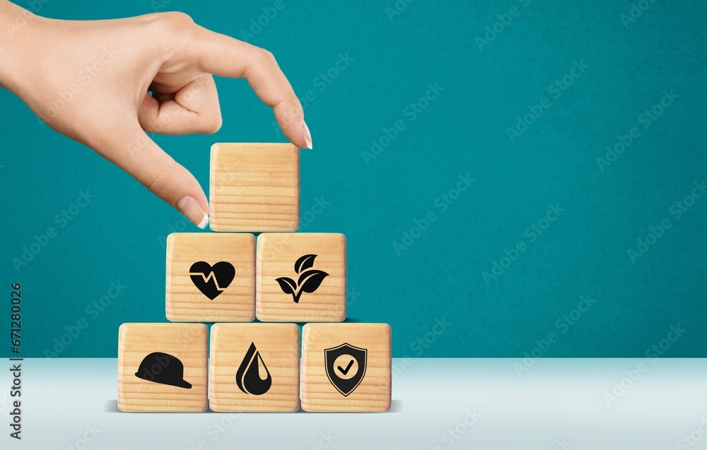 HSE concept. Work safety rules on wooden cubes Stock Photo | Adobe Stock