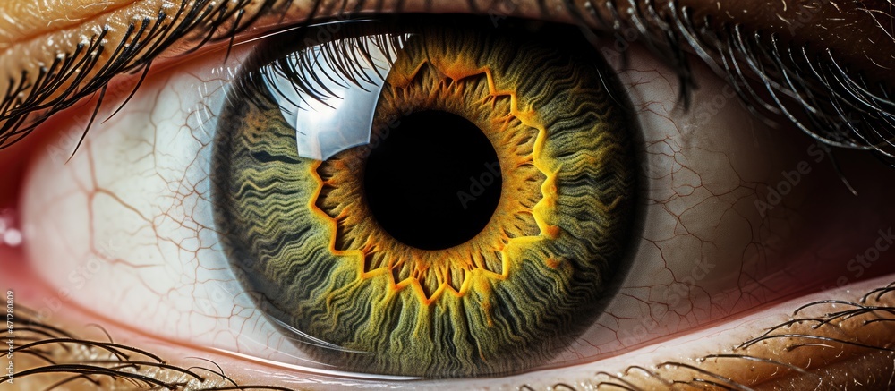 A photograph of the iris of the human eye captured in a detailed up ...