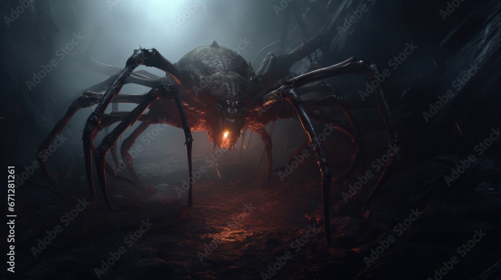 Arachnophobia, creepy, horror, giant spider, dark, volumetric lighting ...