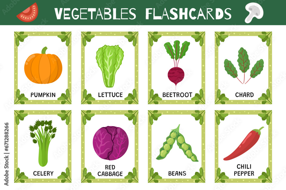 Vegetables flashcards set. Flash cards collection for practicing ...