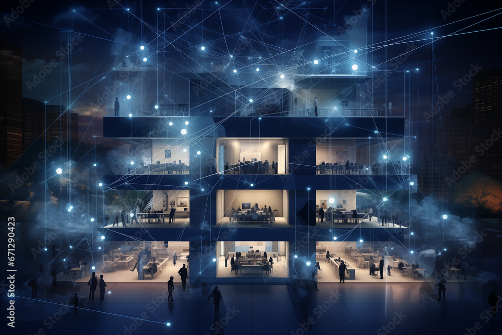 generate a 3D X-ray of an office building with many working people on ...