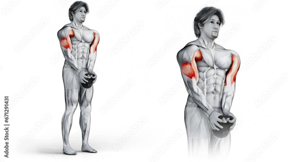Biceps- Kettlebell Single Arm Curl-3D (303)- Anatomy of fitness and ...
