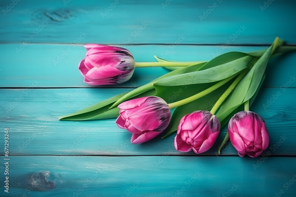 Frame of tulips on turquoise rustic wooden background. Spring flowers ...