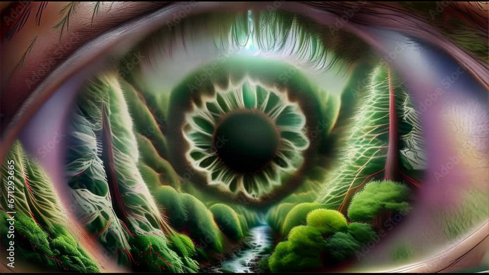 an eye, where a verdant forest with towering trees and a glistening ...