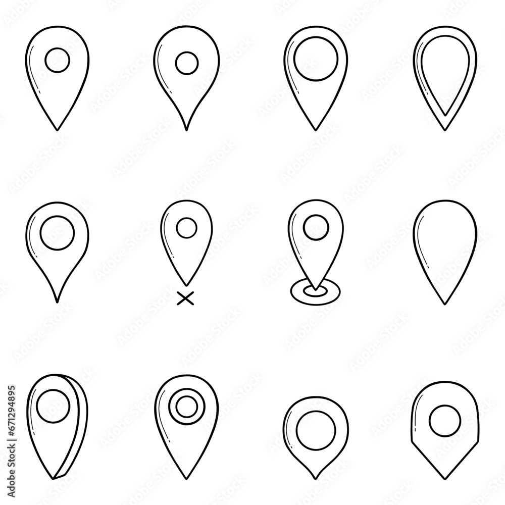 Map pins doodle set. Navigation sign, location pointers, tags and ...