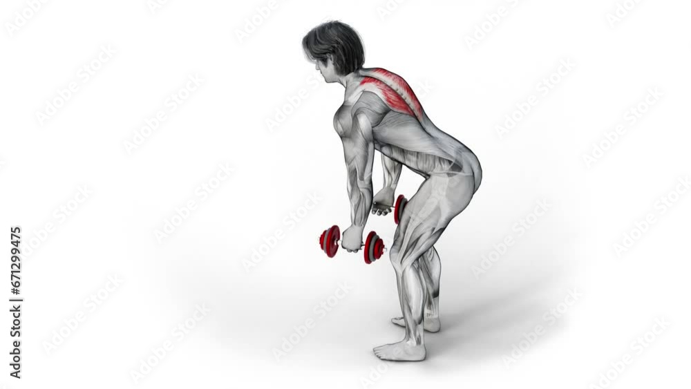 Traps (mid-back)-Dumbbell Row Bilateral-3D (502)- Anatomy of fitness and bodybuilding with ...