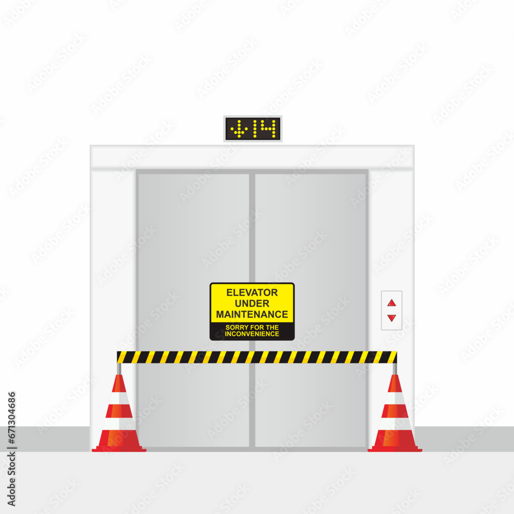Elevator under maintenance vector illustration. Sign, cone and ...