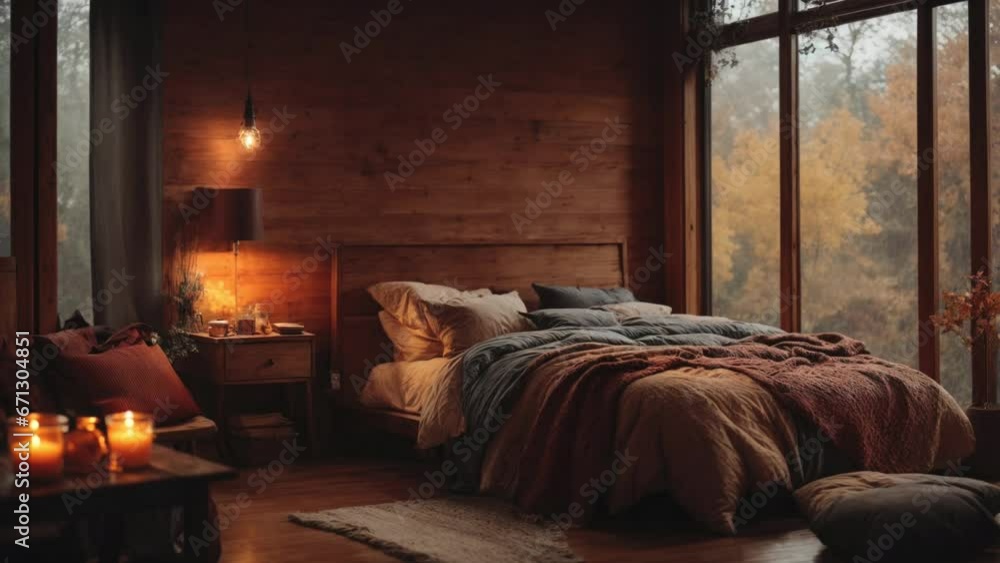 A warm wooden bedroom with a layered bed, glowing candles, and a view ...