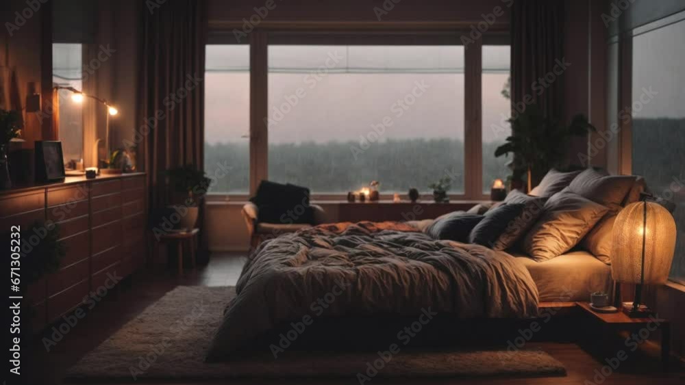 A cozy bedroom scene at dusk. Soft ambient lighting emanates from table ...