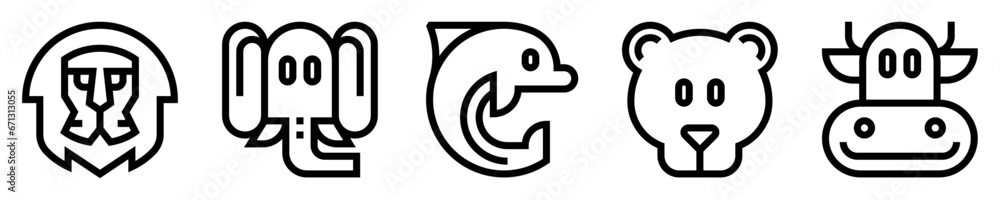 Conjunto de icono de animales mamíferos. León, elefante, delfín, oso ...