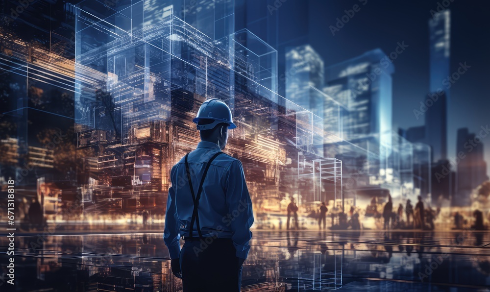 future building construction engineering project with touch graphic ...